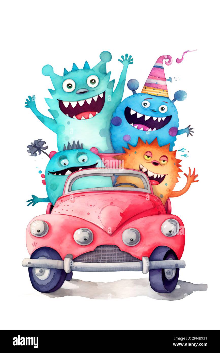 Group of monsters in a car having fun. watercolor painting on white ...