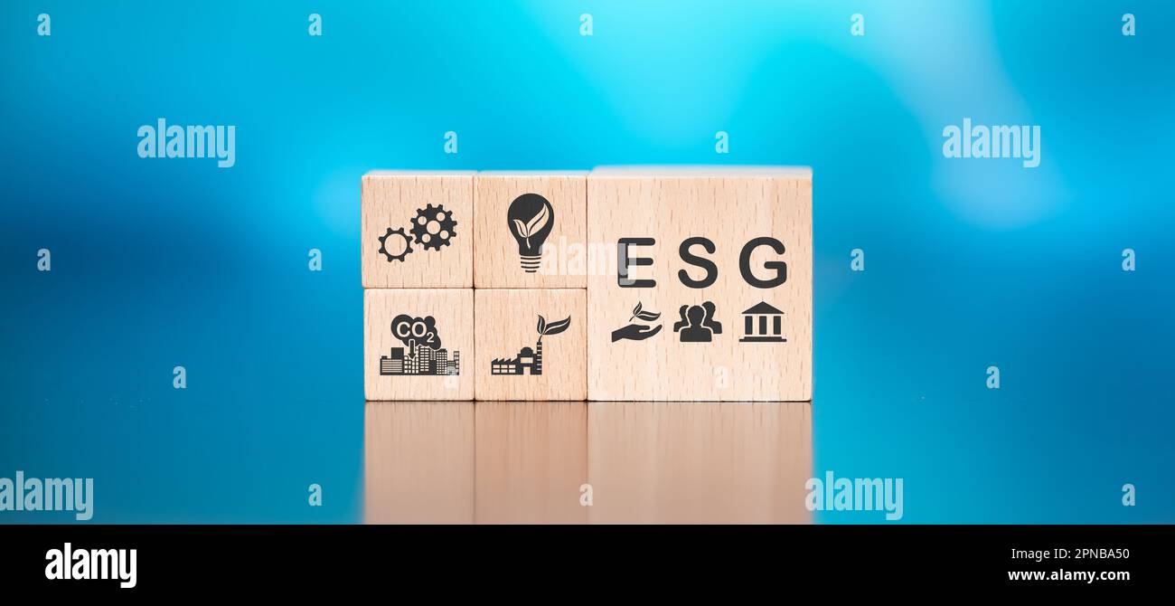 Wooden blocks with symbol of esg concept on blue background Stock Photo ...