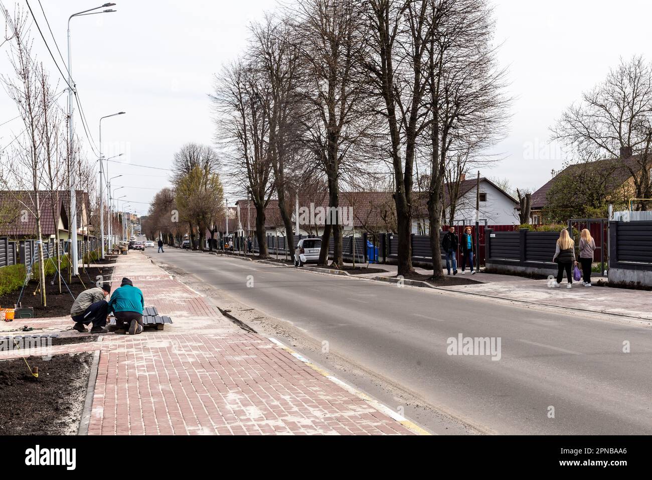 Bucha, Ukraine. 17th Apr, 2023. Renovated residential houses, fences ...