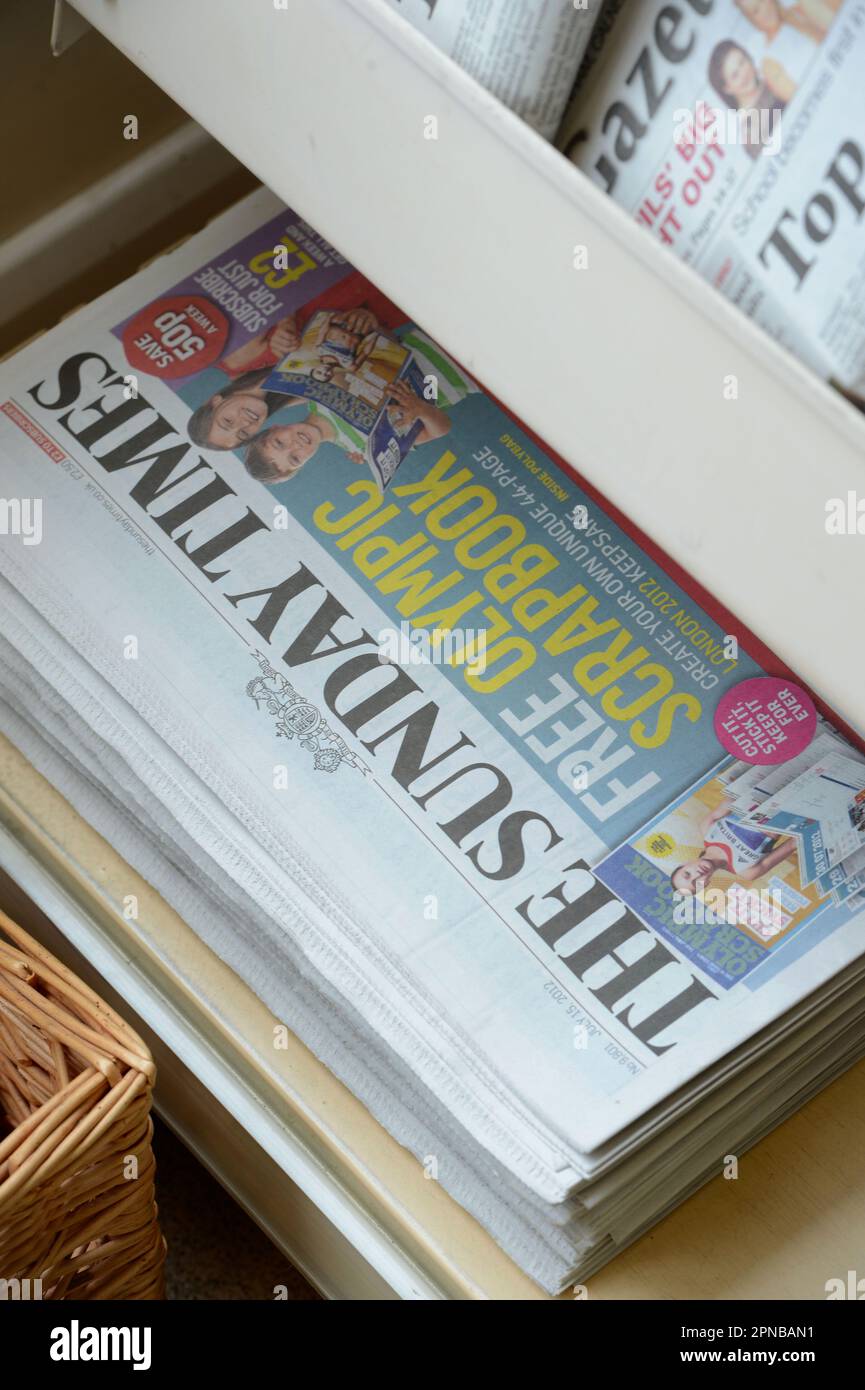 Various shots of the Sunday Times newspaper in a village shop Stock ...