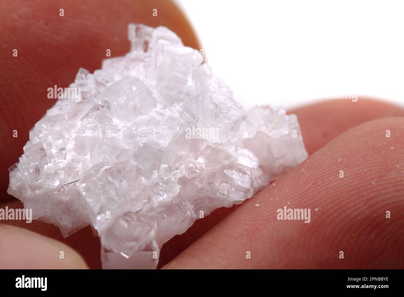 natural salt crystal in human hand isolated on the white background ...