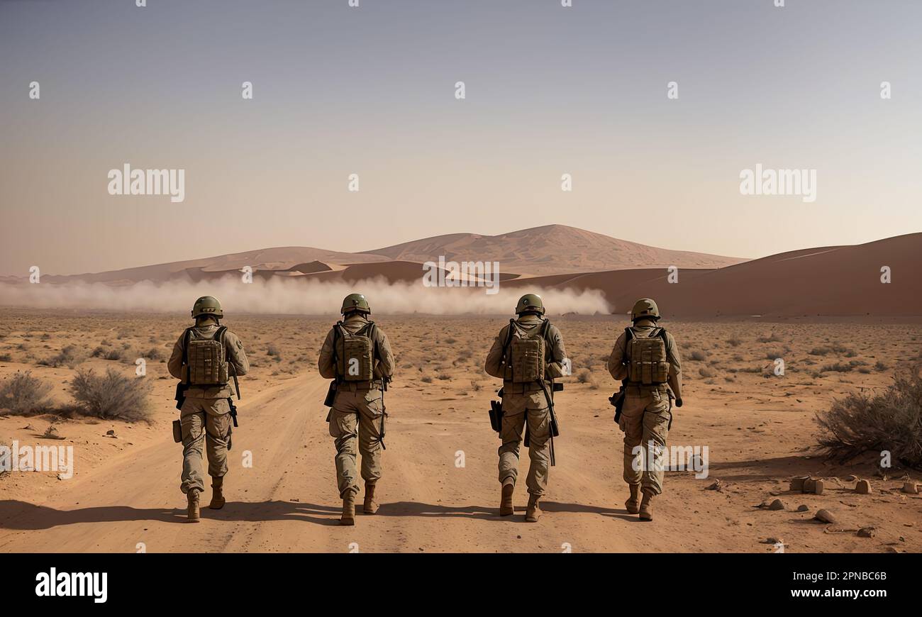 Squad of four Fully Equipped and Armed Soldiers Standing on Hill in ...