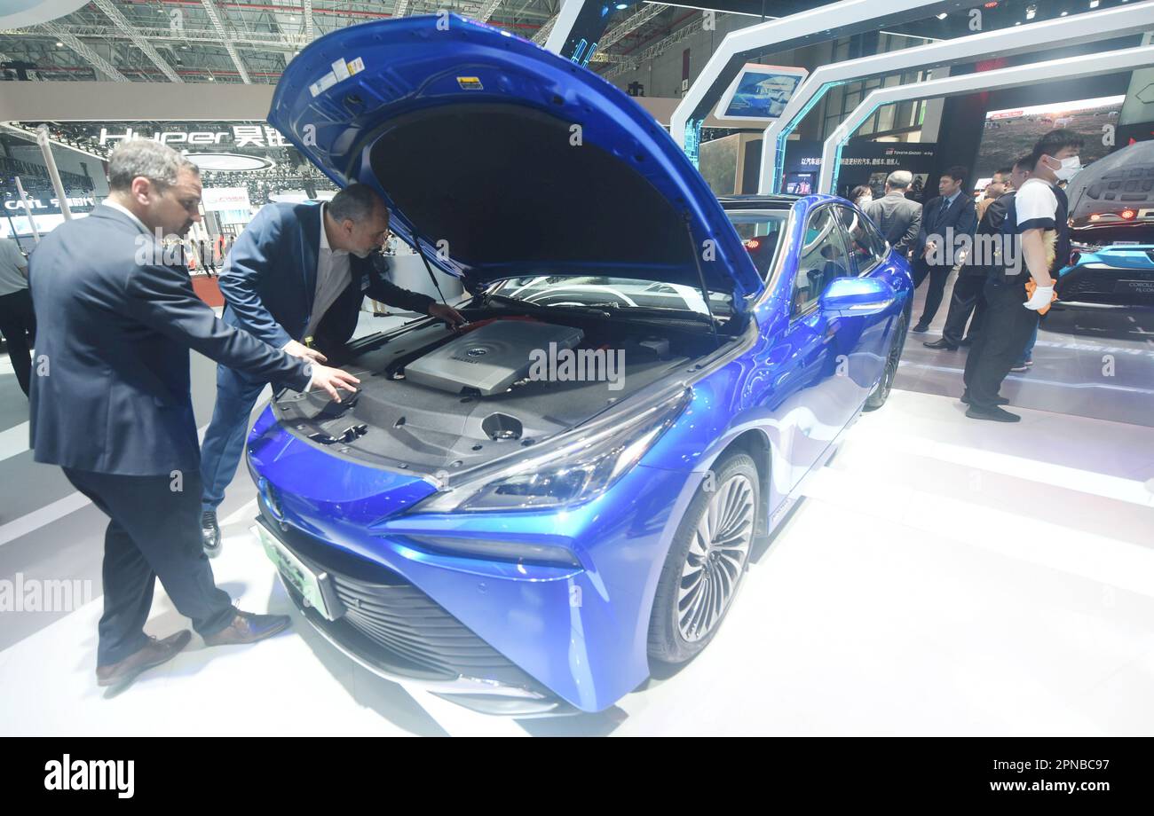 SHANGHAI, CHINA - APRIL 18, 2023 - Spectators look at a hydrogen fuel cell vehicle launched by ...