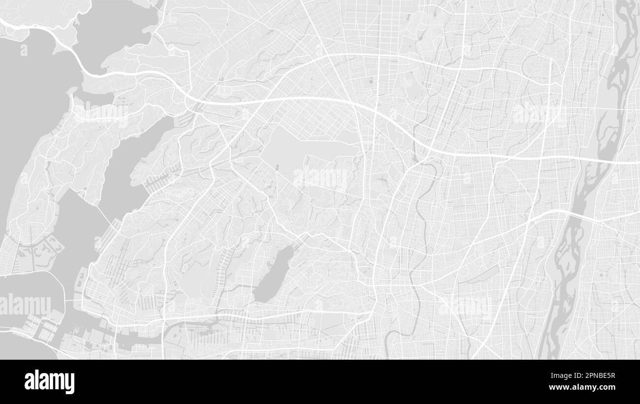 White and light grey Hamamatsu city area vector background map, roads and water illustration ...
