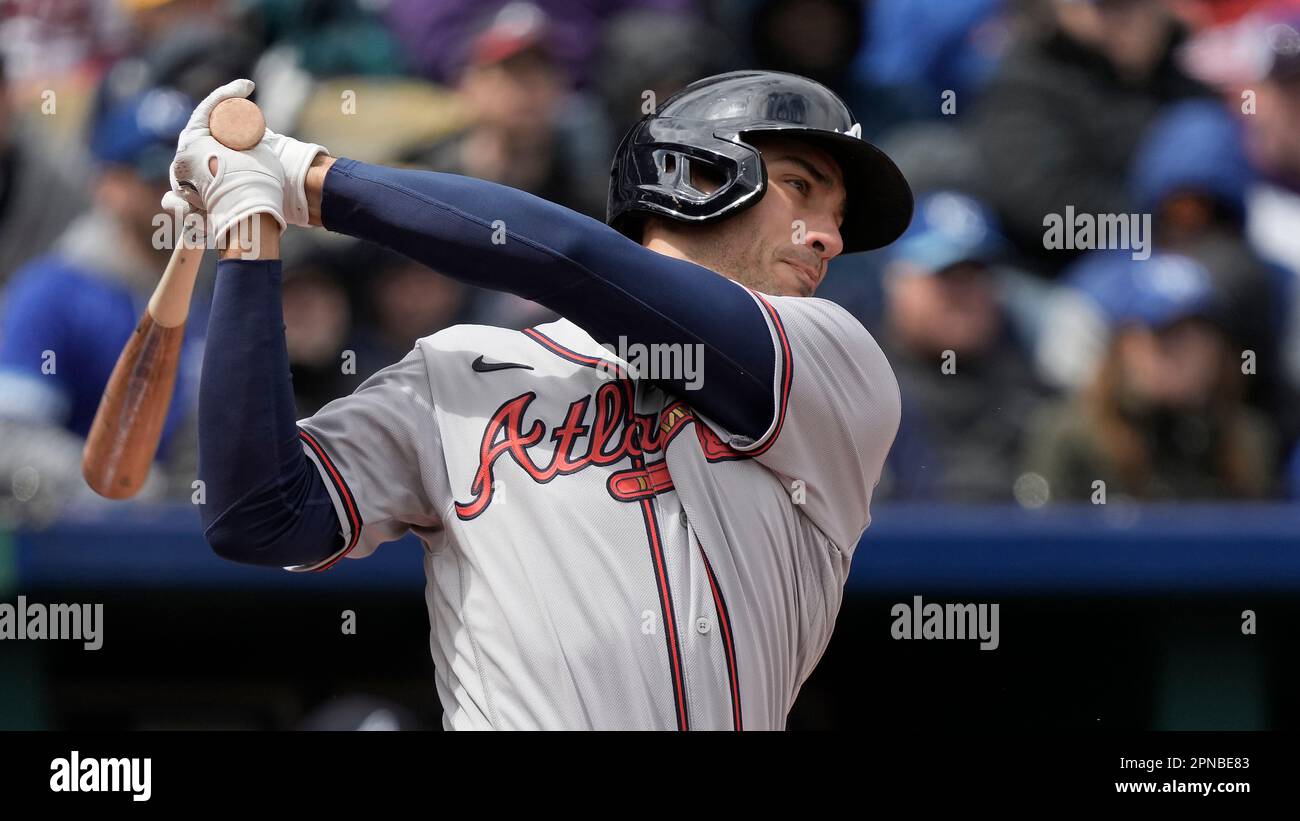 Atlanta Braves' Matt Olson watches his two-run triple during the third ...