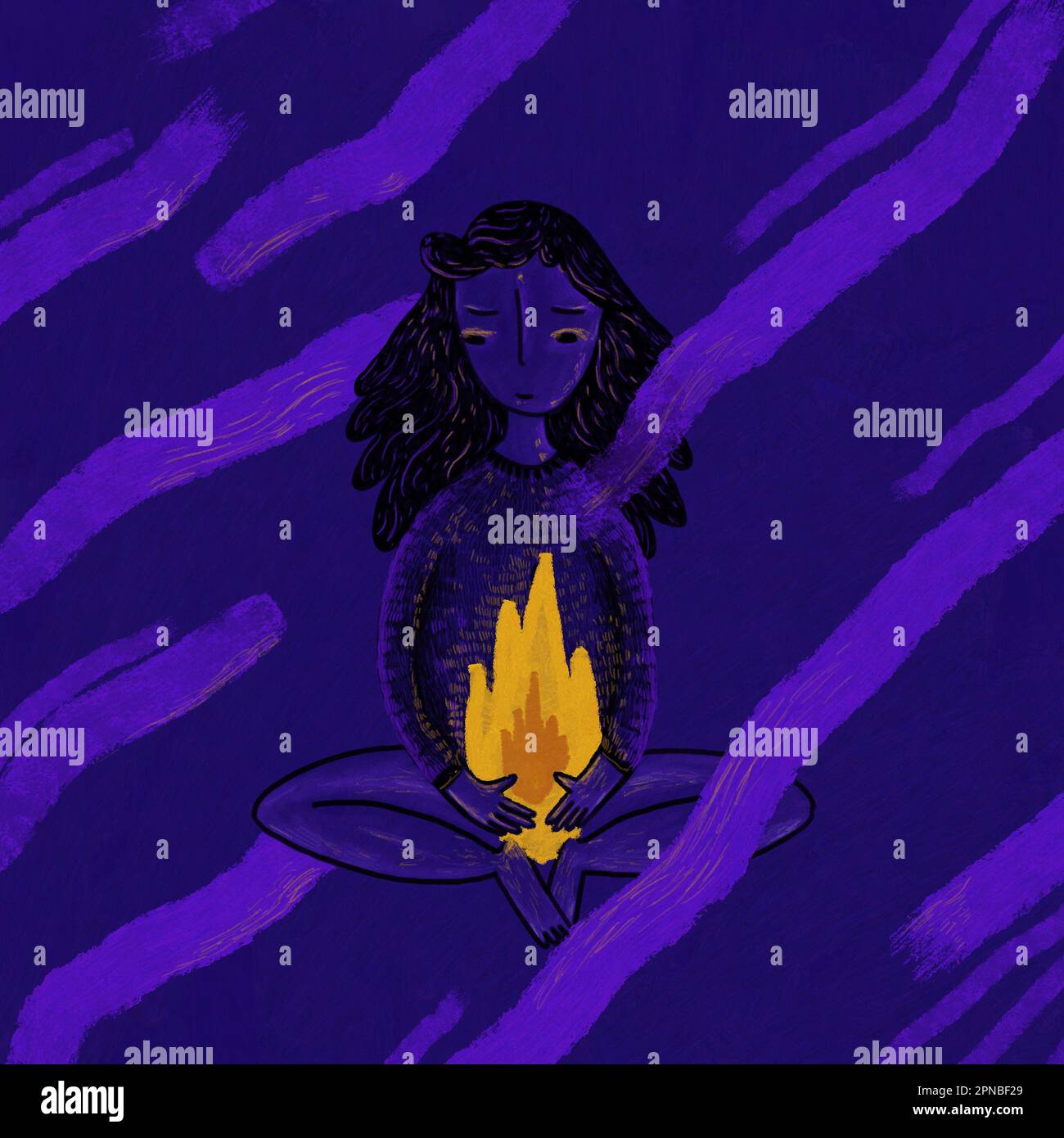 Creative illustration of calm woman with bright burning fire on purple ...