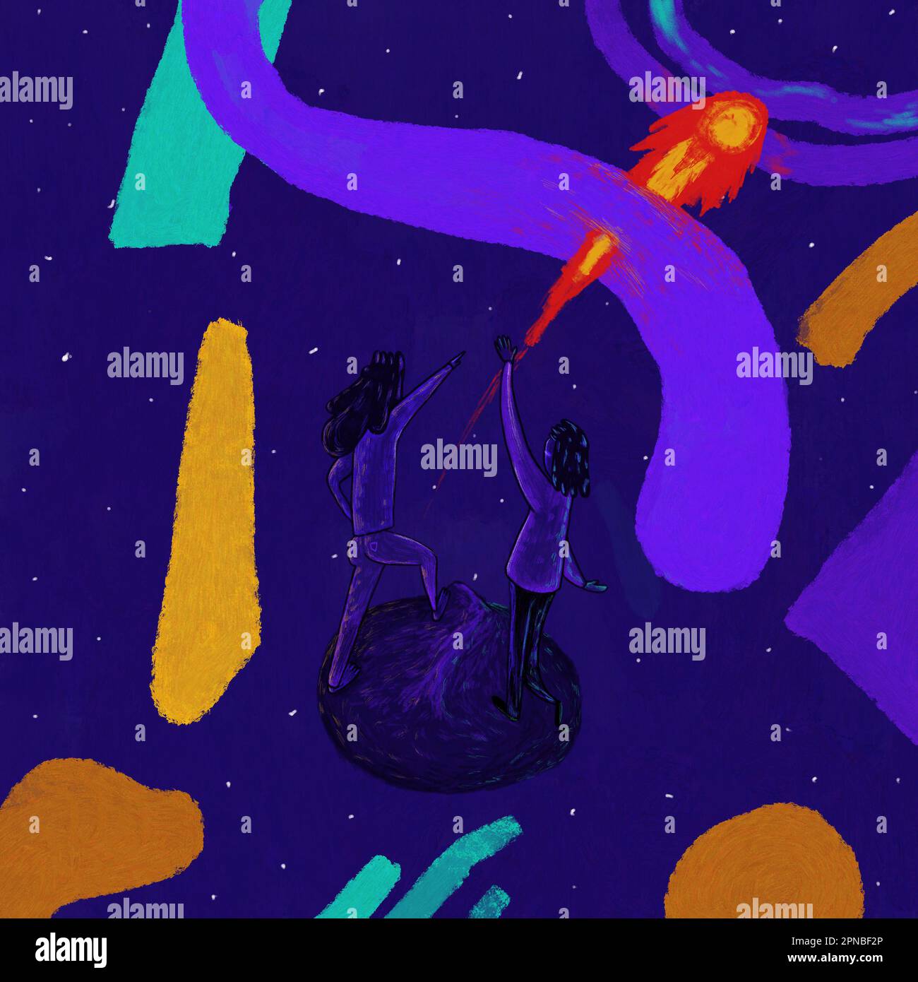 Creative illustration of women standing on rough surface with colorful ...