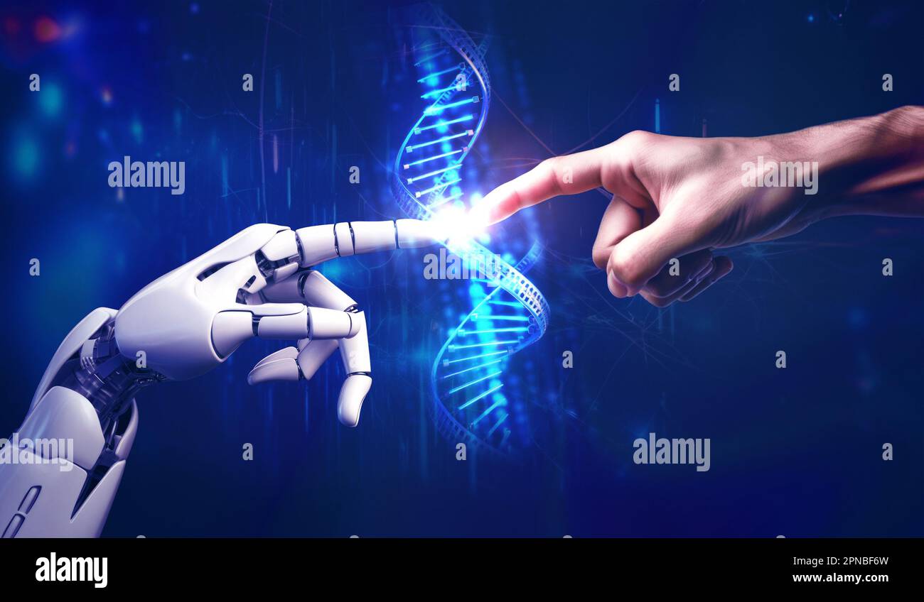 Robot and human hands are touching a DNA chain, unity between human and ... Robot and human hands are touching a DNA chain, unity between human and ...