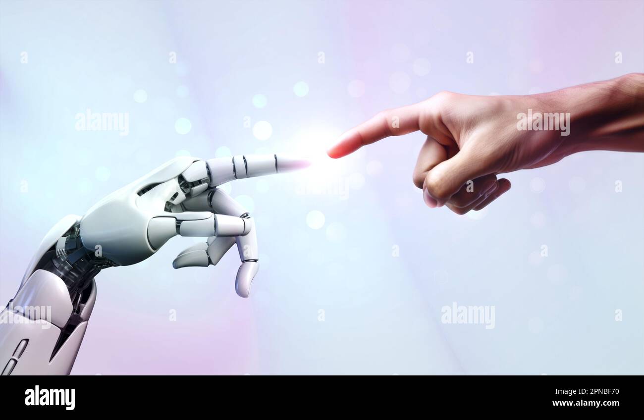 AI, Artificial intelligence creation by humans, robot and human hands ...