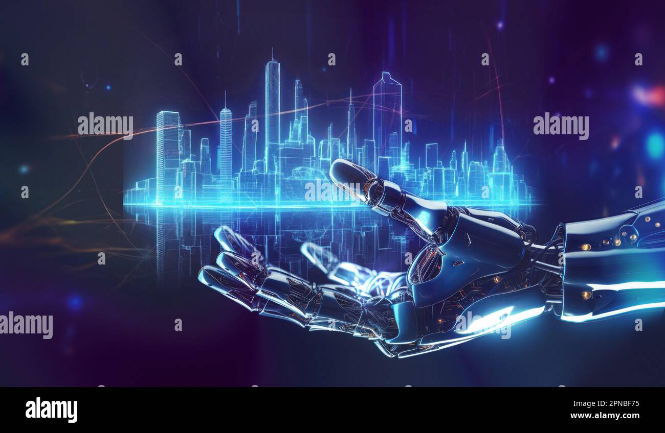 AI, Artificial intelligence, robot hand showing a futuristic city and ...