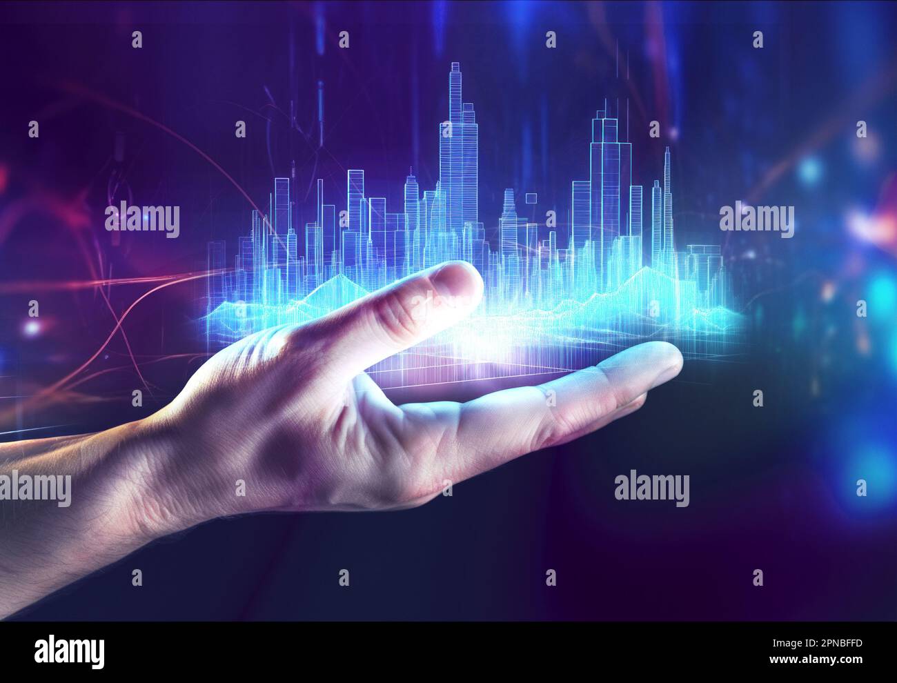 Hand showing a futuristic city hologram and how AI technology will ...