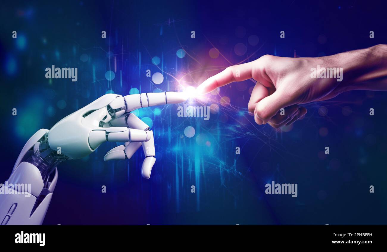 AI, Artificial intelligence, robot and human hands are touching and ...