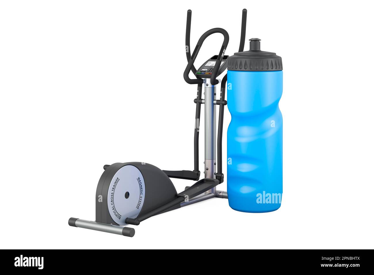Plastic sport water bottle with elliptical trainer, 3D rendering ...