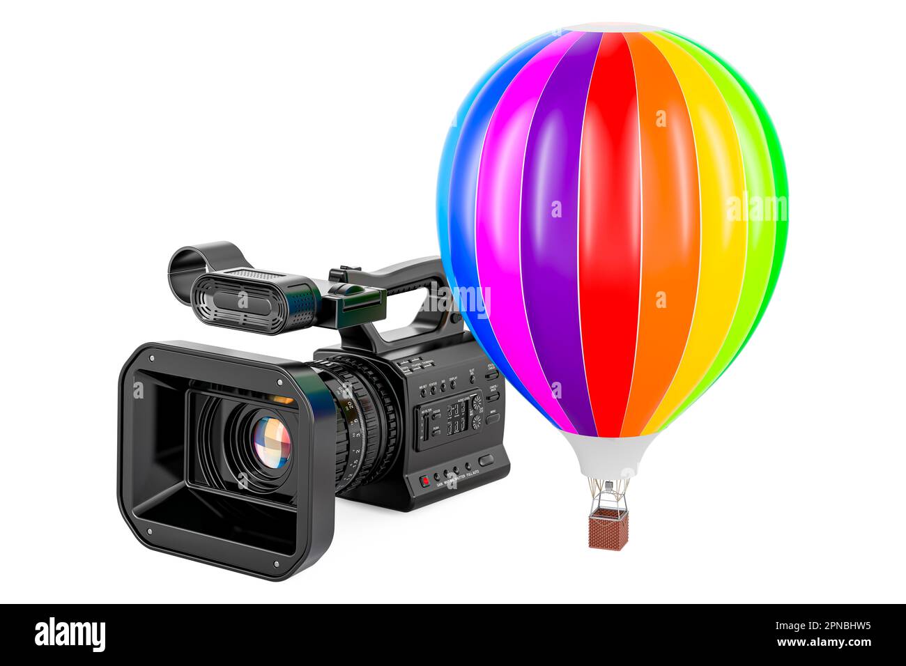 Professional video camera with dirigible, airship. 3D rendering isolated on white background ...