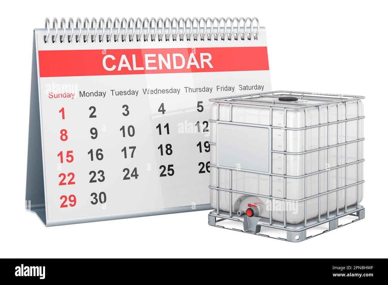 Intermediate bulk container with desk calendar, 3D rendering isolated ...