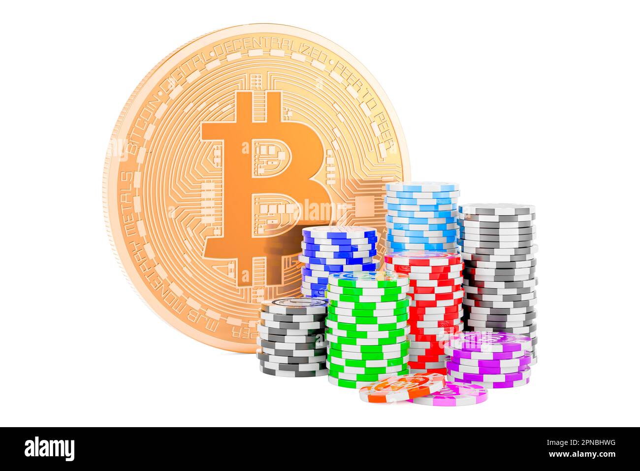 Casino tokens with bitcoin, 3D rendering isolated on white background ...