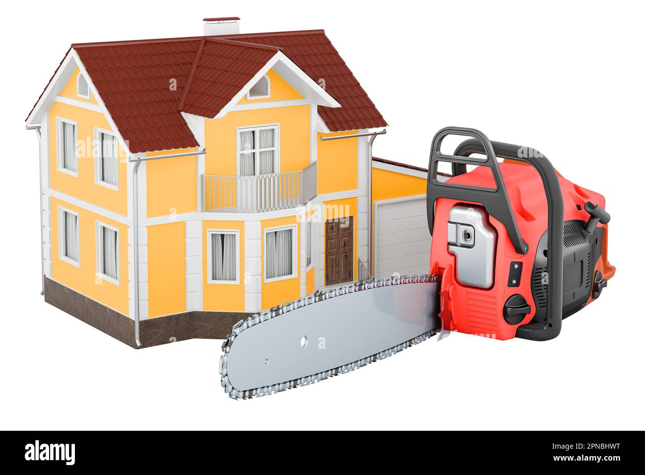 Modern chainsaw with home, 3D rendering isolated on white background ...