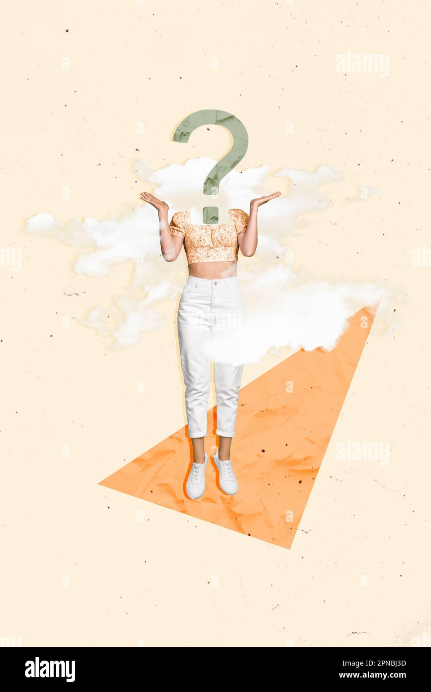 Creative photo collage of young headless girl question mark absurd ...