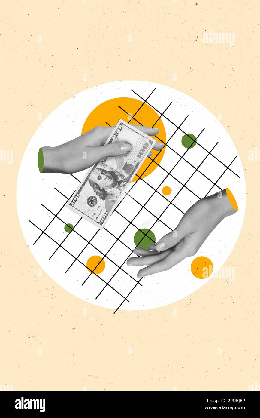 Artwork magazine collage picture of arm giving money getting bribe ...