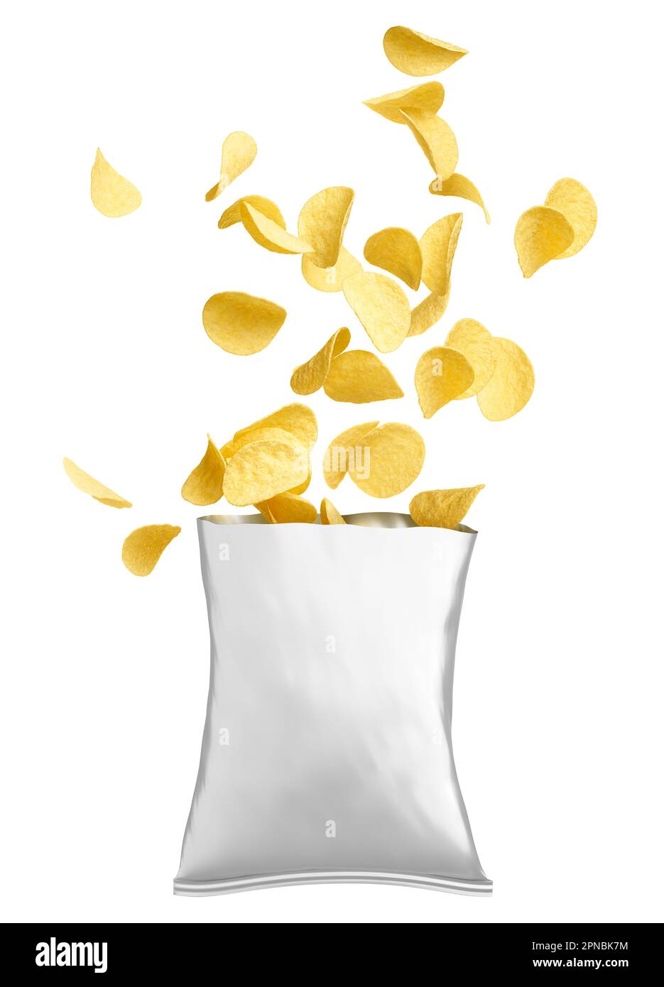 Potato chips bursting out from packaging over white background Stock ...