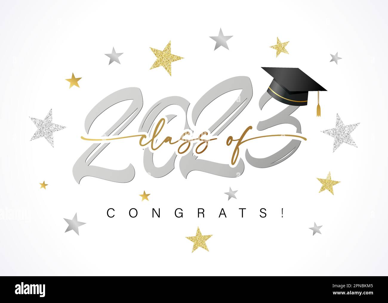 2023 class of Congrats, silver logo text design and stars. Congratulations graduate 2023 years ...
