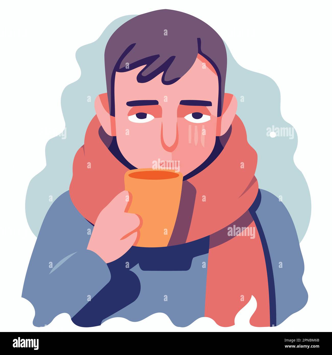 sick man with flu with scarf and cup minimalistic vector illustration ...
