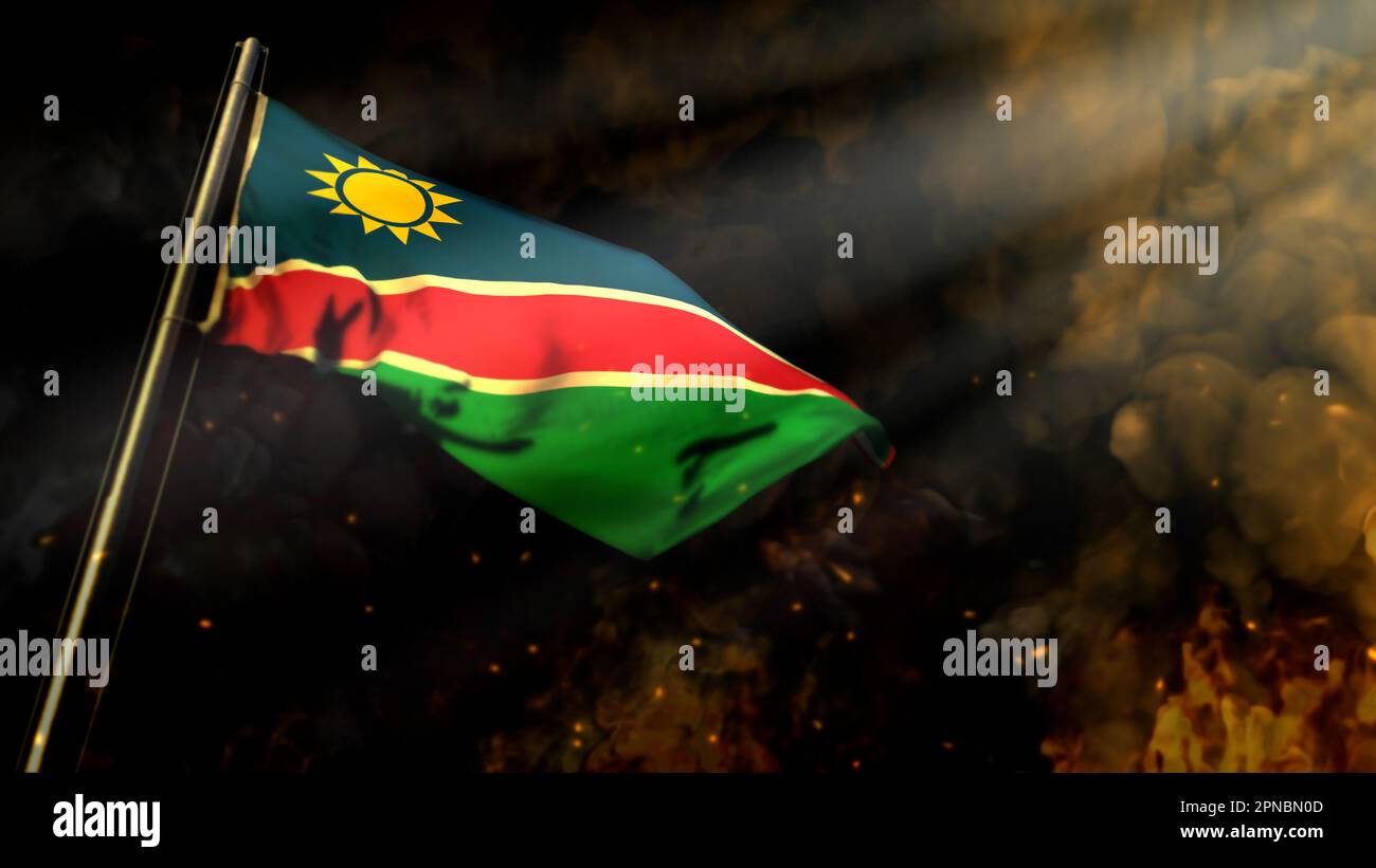 bokeh Namibia flag on smoke with sun rays bg - disaster concept ...
