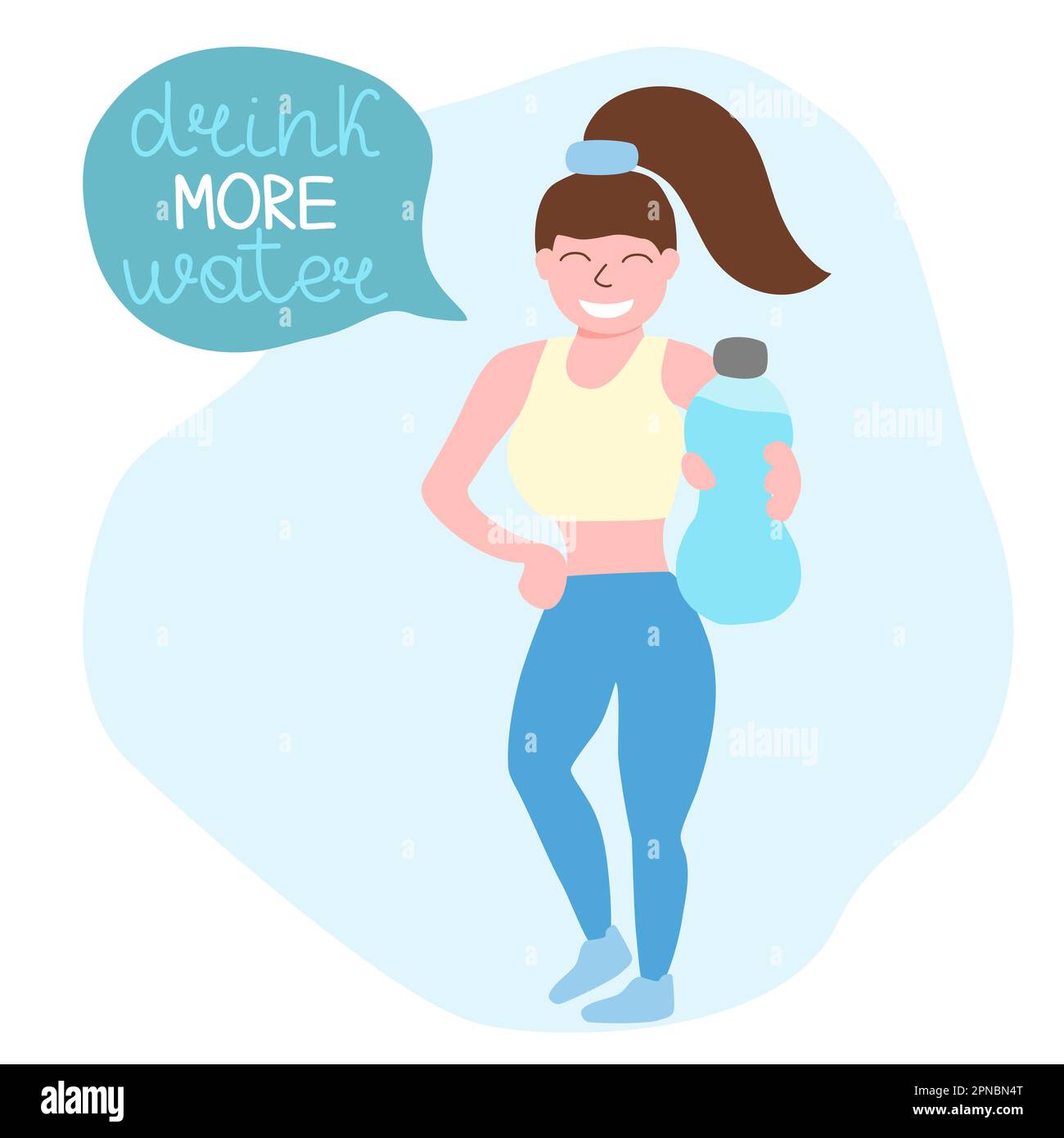 Girl with bottle of water says drink more water, hand drawn lettering ...