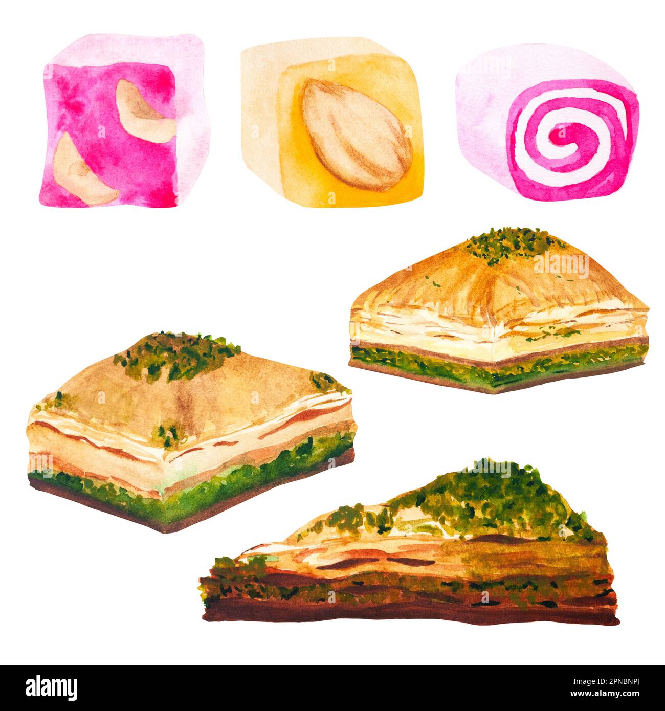 Turkish sweets, desserts. Watercolor illustrations of food. Turkish ...
