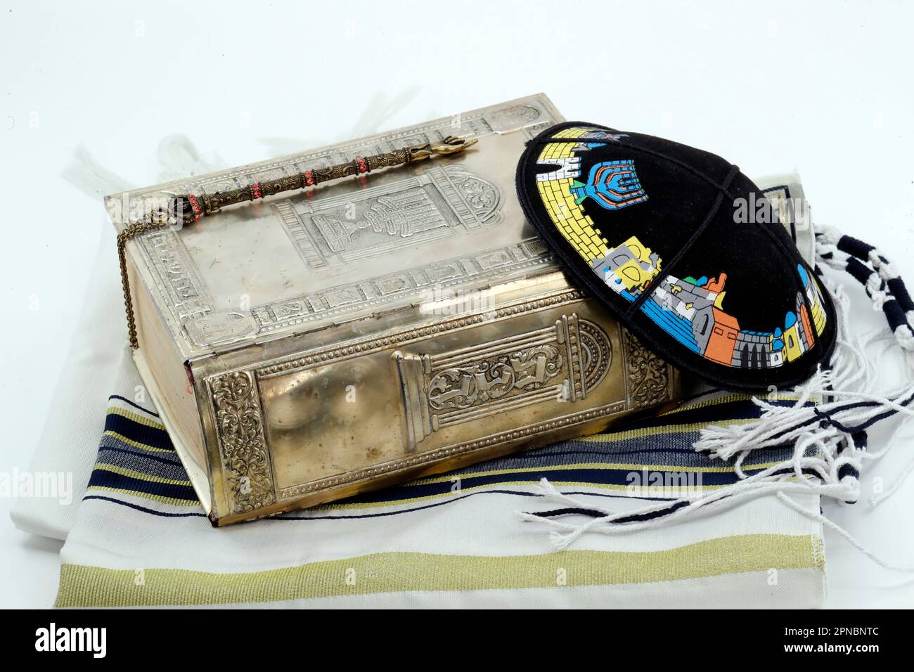 Kippah jewish cap, tallit and Torah book. Three jewish symbols Stock ...