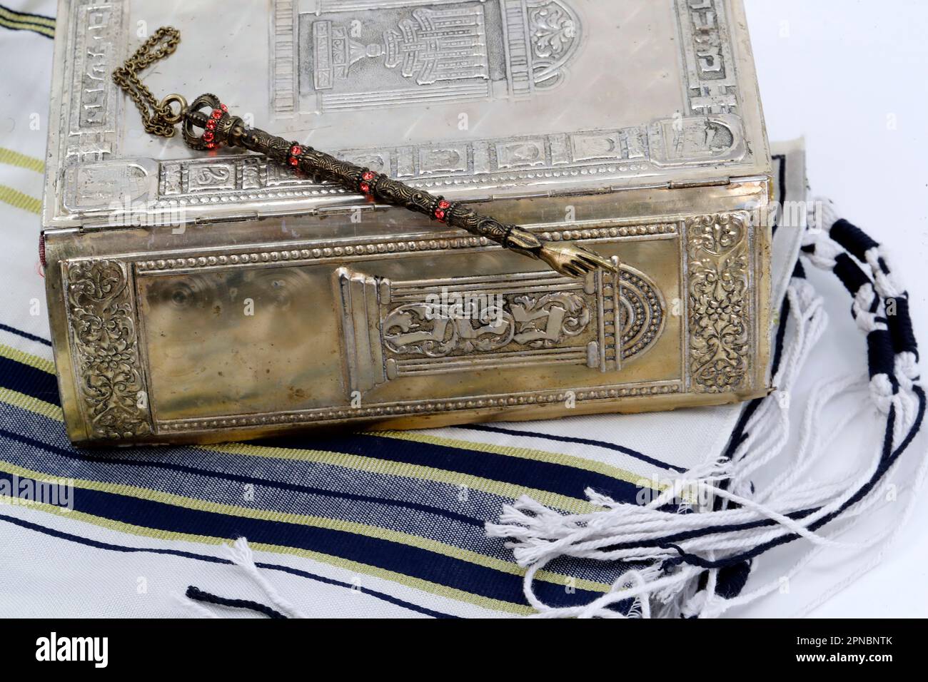 Kippah jewish cap, tallit, yad and Torah book. Four jewish symbols ...
