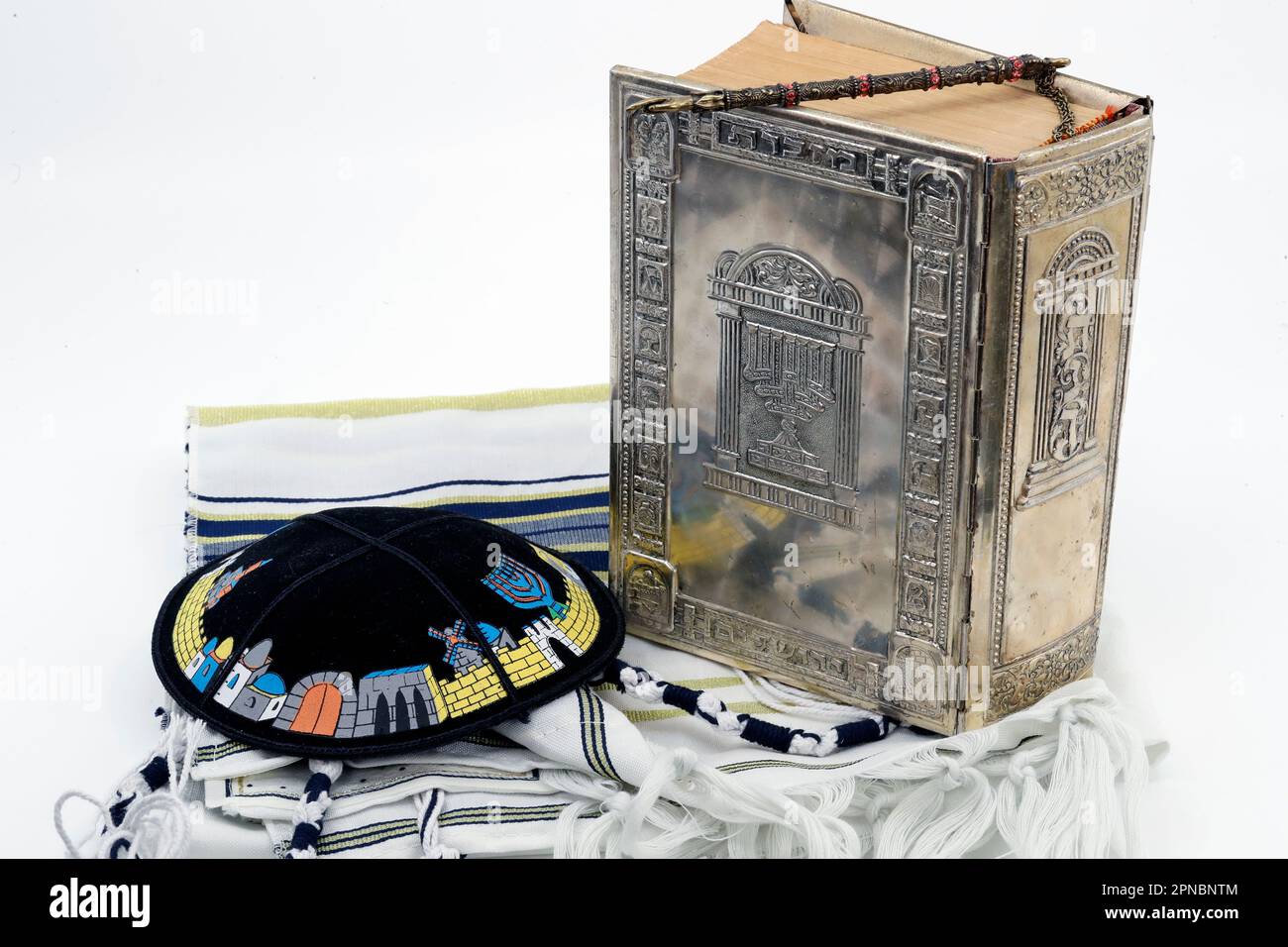 Kippah jewish cap, tallit, yad and Torah book. Four jewish symbols ...