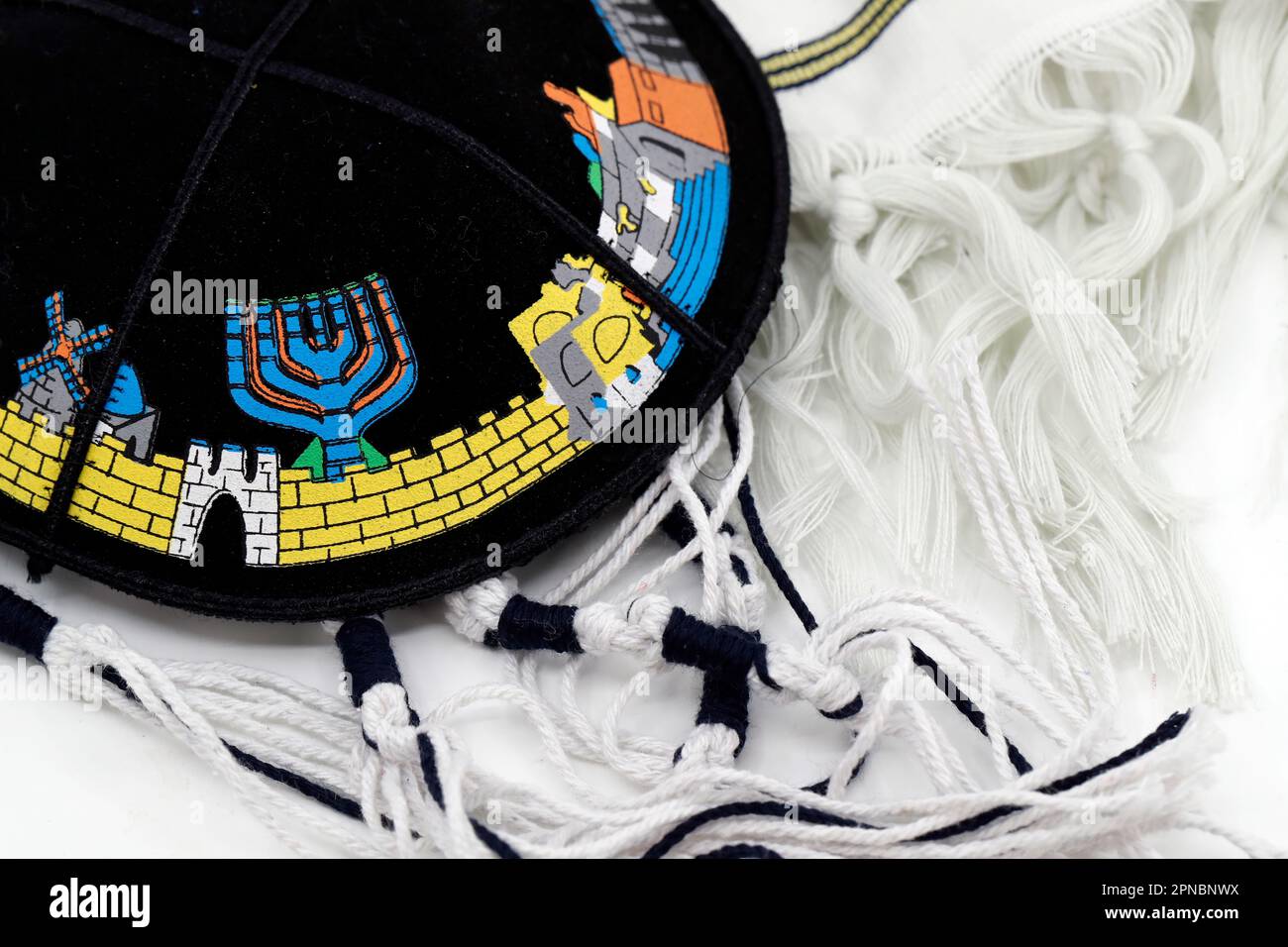 Kippah jewish cap on a tallit prayer shawl Stock Photo - Alamy