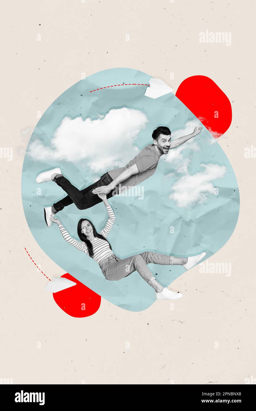 Vertical collage picture of two excited positive black white colors ...