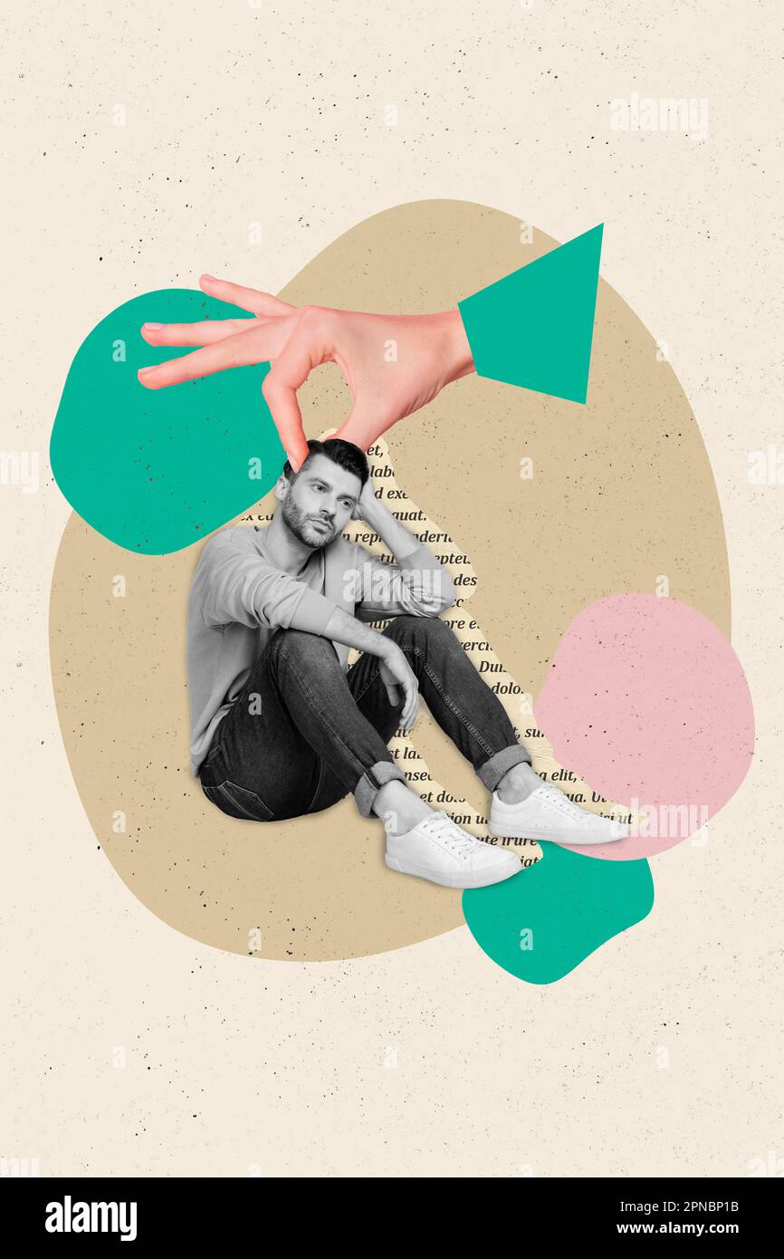 Vertical collage of young sad man sit lonely melancholy thinking how ...