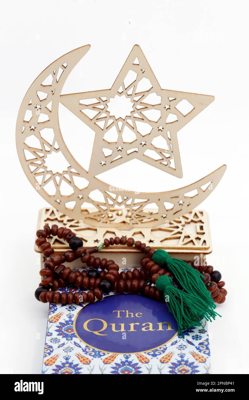 Holy Quran ( Kuran ), prayer beads and Crescent and Star, symbols of ...