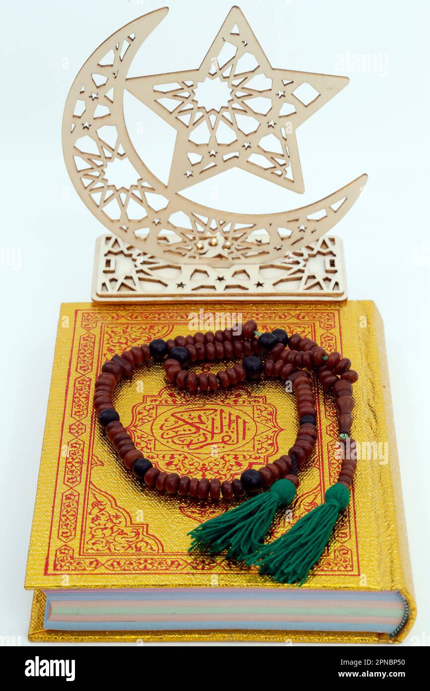 Holy Quran ( Kuran ), prayer beads and Crescent and Star, symbols of ...