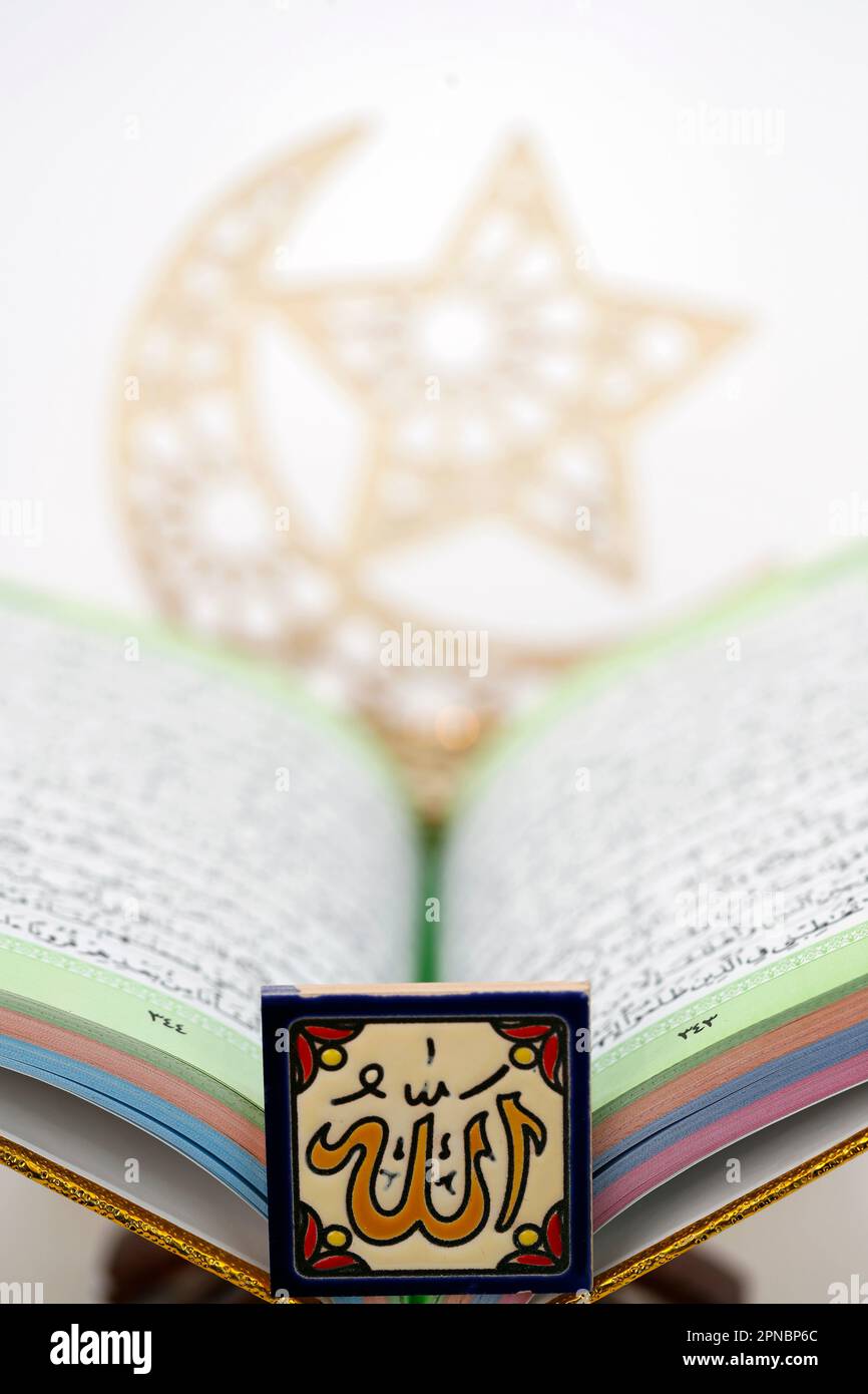 Open holy Quran ( Kuran ), Allah Calligraphy and Crescent and Star ...