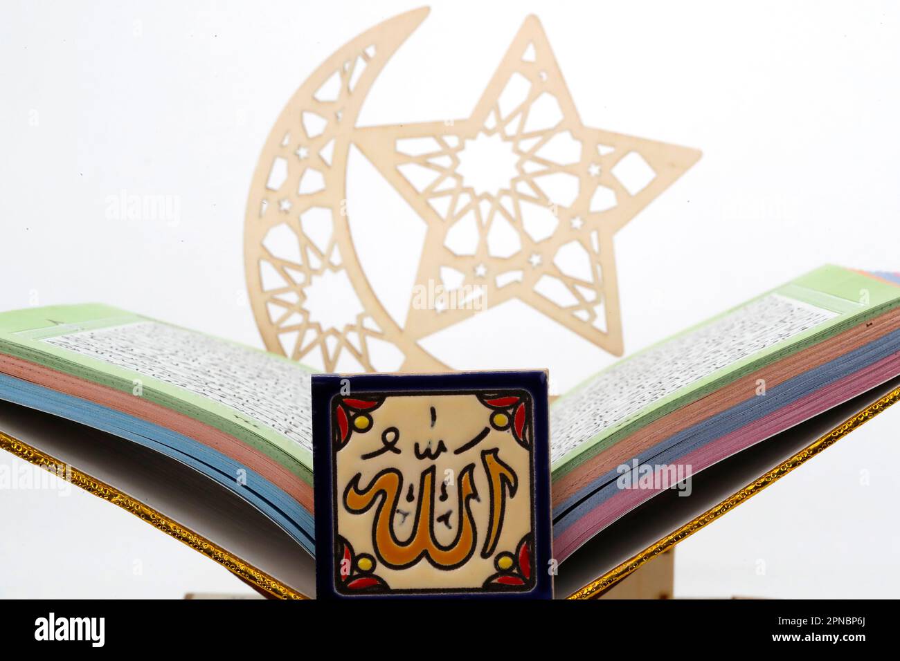 Open holy Quran ( Kuran ), Allah Calligraphy and Crescent and Star ...