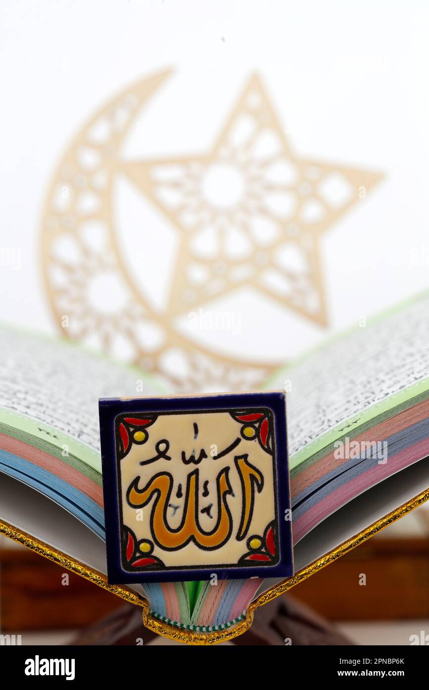 Open holy Quran ( Kuran ), Allah Calligraphy and Crescent and Star ...