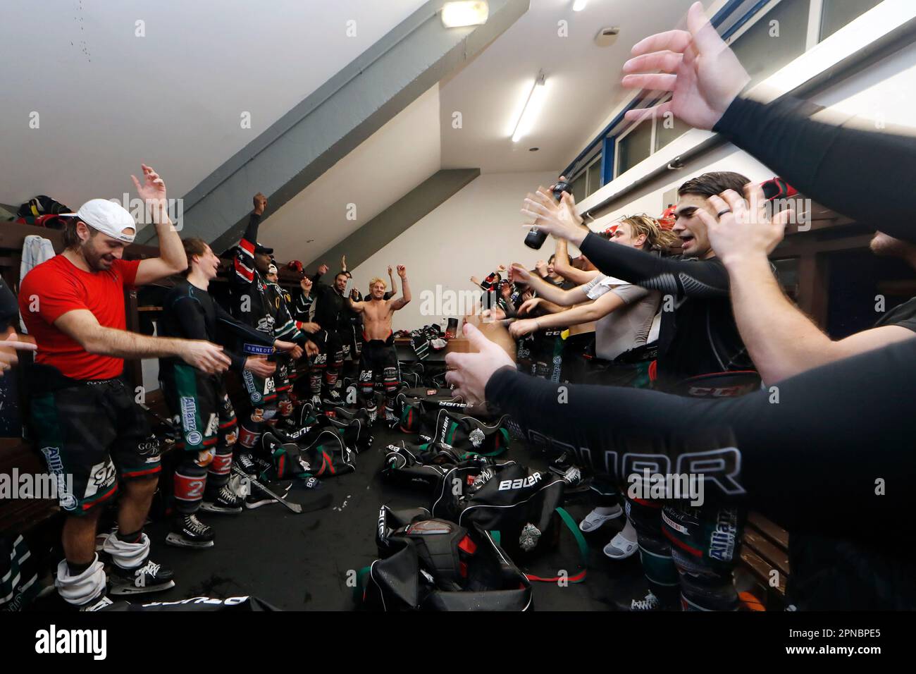 Ice Hockey. Players in locker room. Team HC Mont-Blanc. Players at ...