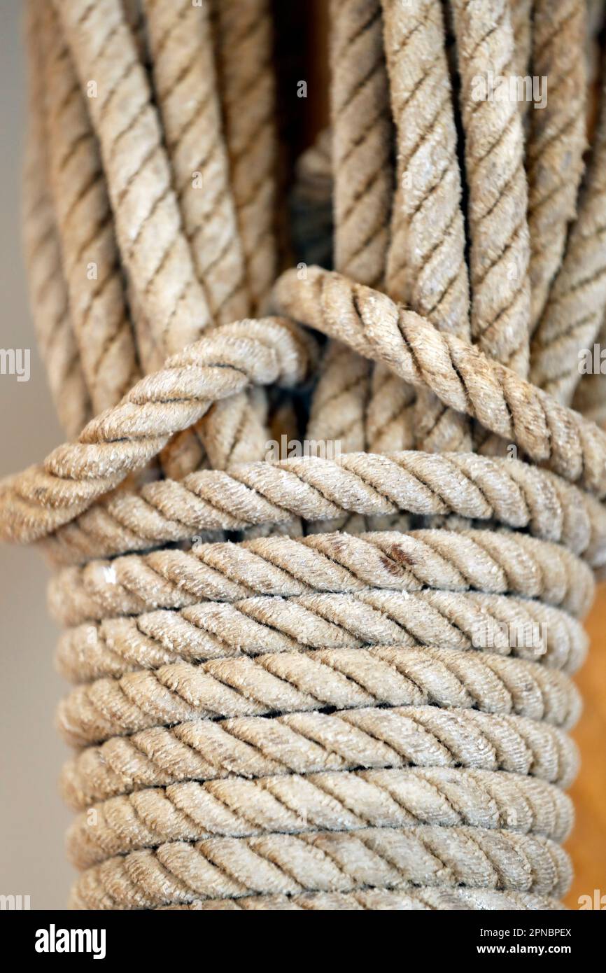 Natural rough ropes close up. Vintage equipment for mountain hikes ...
