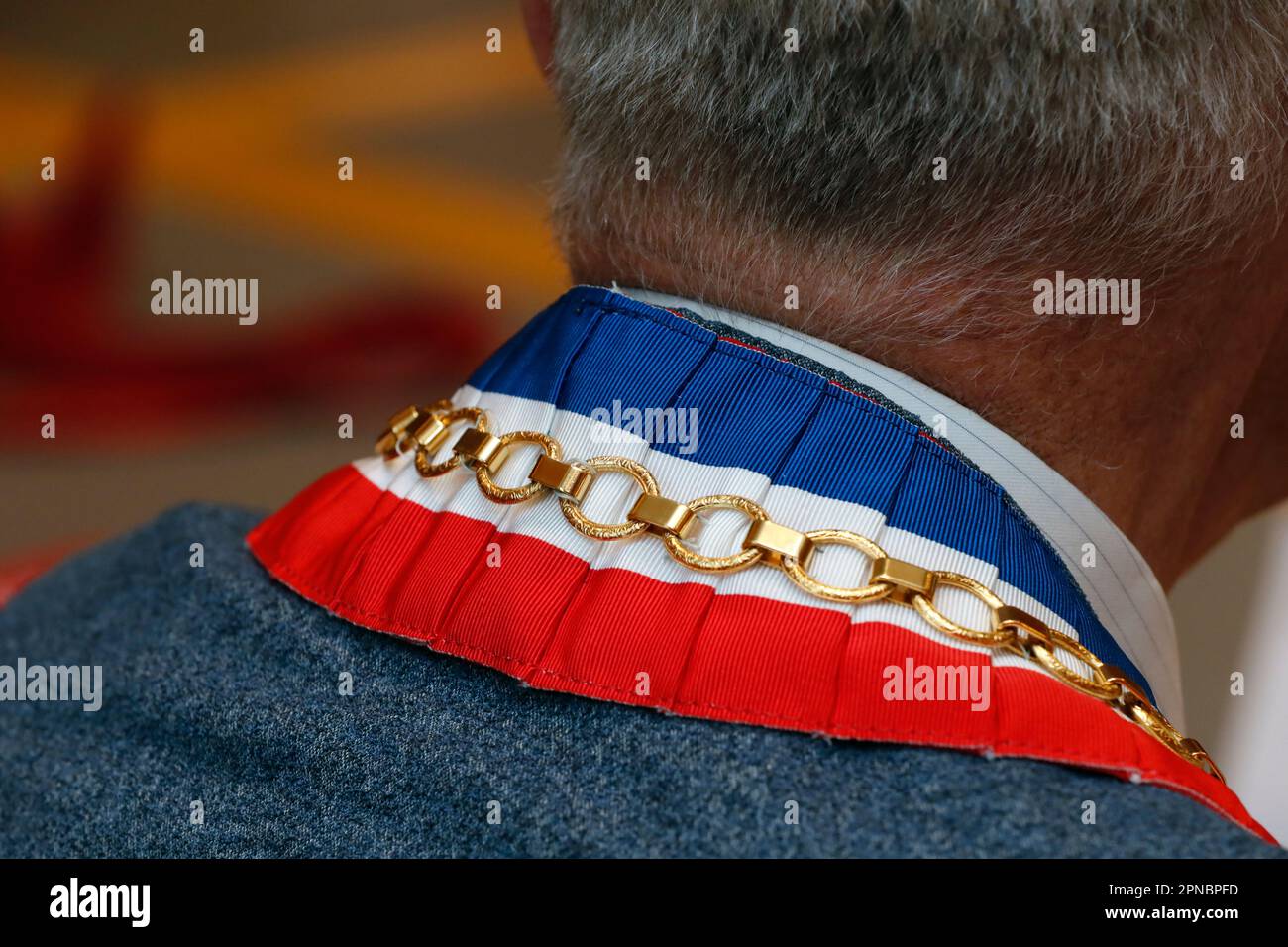 The tricolor sash of the mayor. Symbol of french republic Stock Photo ...