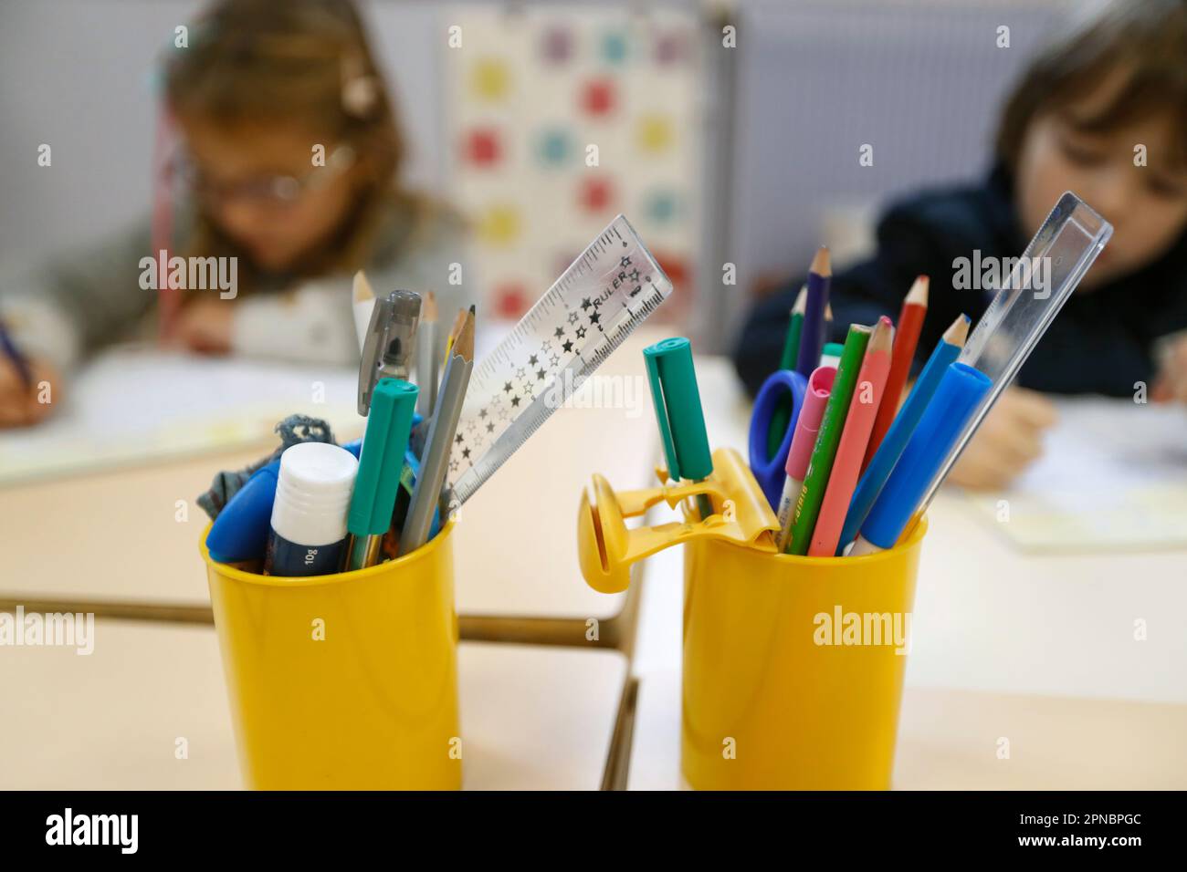 Education. Classroom in a primary school. Markers and pencils. Pupils ...