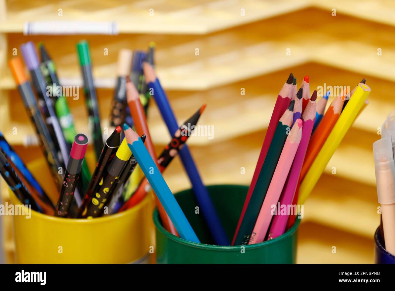 Education. Classroom in a primary school. Markers and pencils. Saint ...