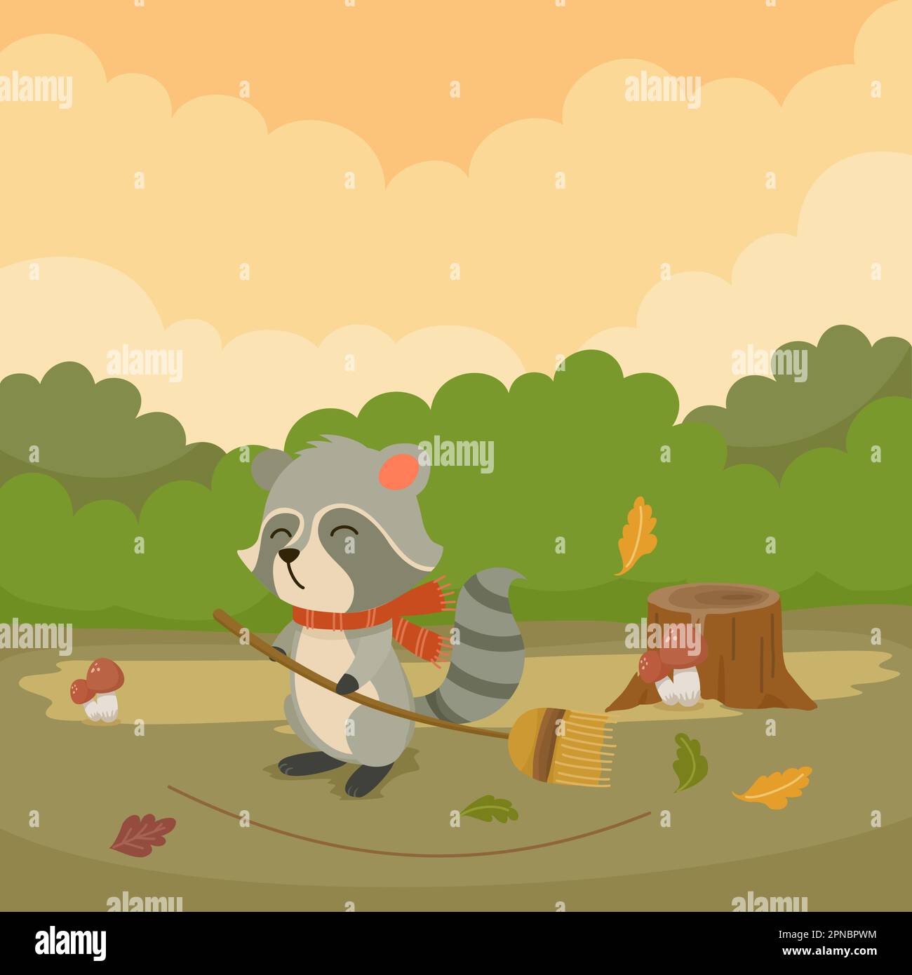 cute cartoon raccoon sweeping leaves Stock Vector Image & Art - Alamy