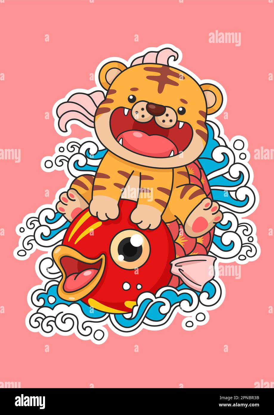 Cute Chinese New Year Tiger Riding Big Carp Fish Stock Vector Image ...