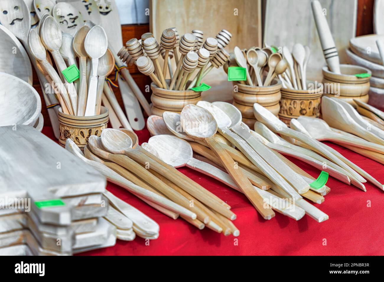 Traditional romanian hand made wooden spoons on display for sale Stock ...