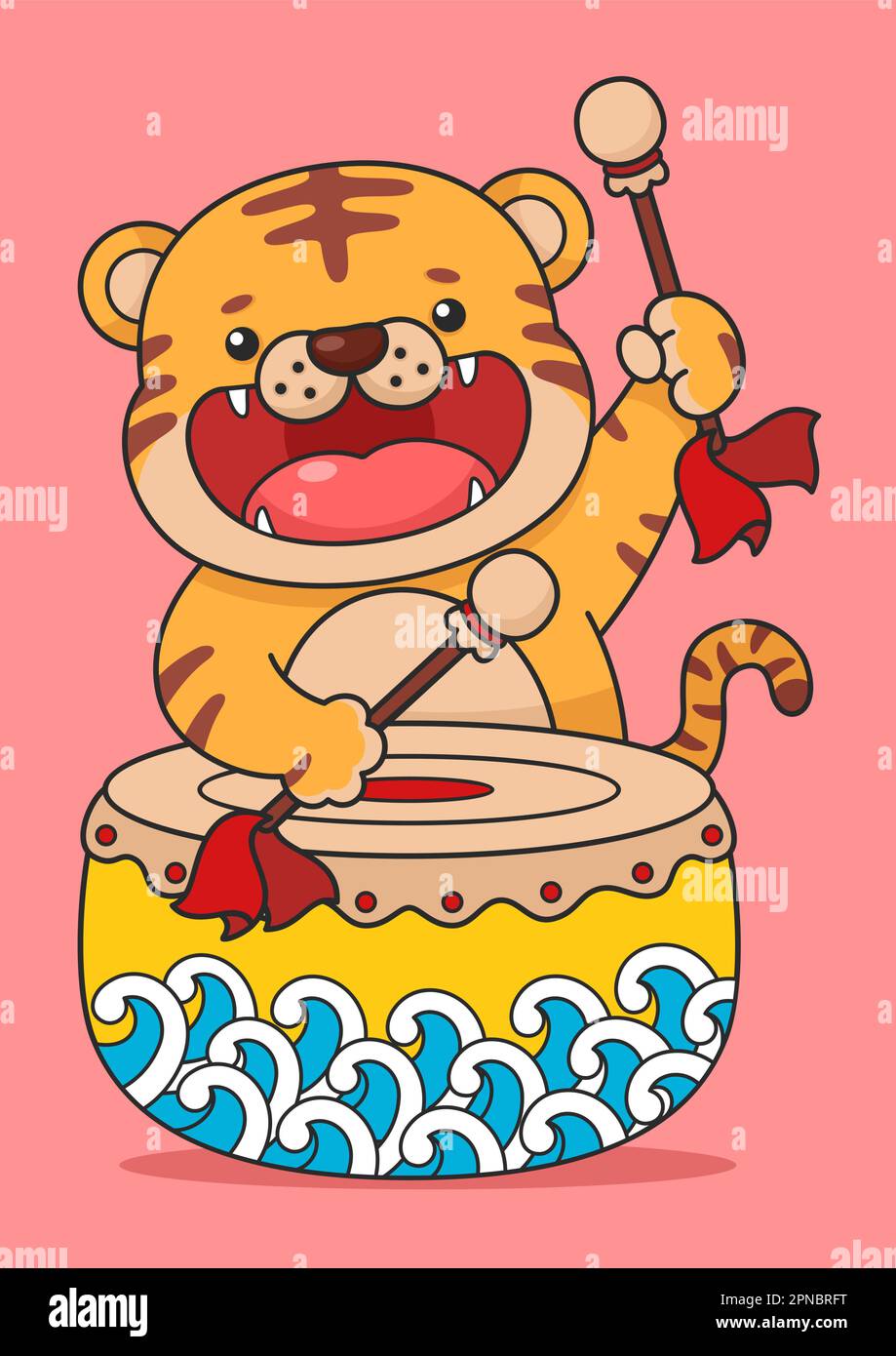 Cute Chinese New Year Tiger Playing Drum Stock Vector Image & Art - Alamy