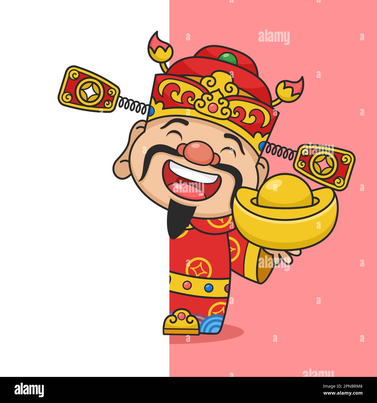 Cute Chinese New Year Fortune God Holding Gold Money Behind Wall Stock ...